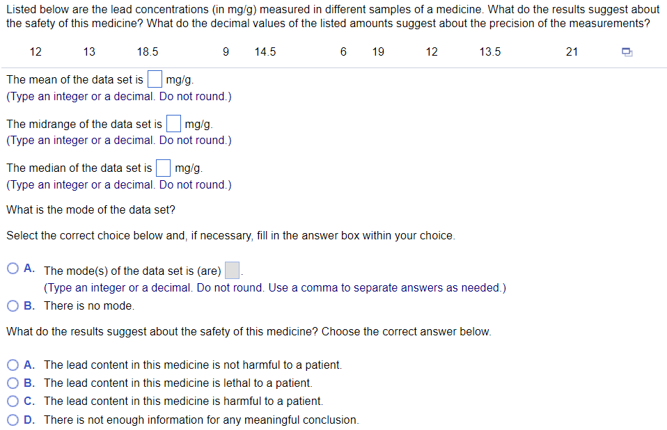 Solved Listed below are the lead concentrations (in mg/g) | Chegg.com