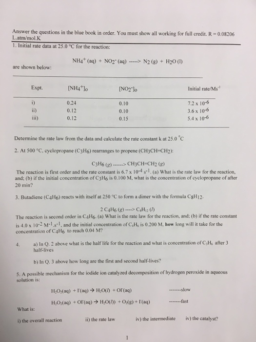 Solved Initial rate data at 25.0 degree C for the reaction: | Chegg.com