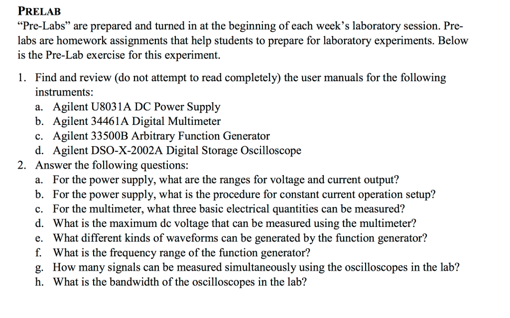 PRELAB "Pre-Labs" are prepared and turned in at the | Chegg.com