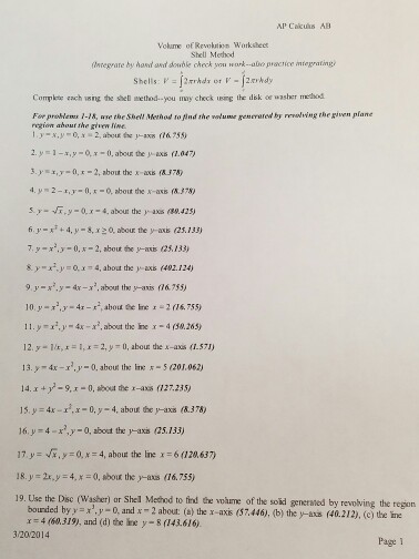 Solved Volume of Revolution Shell Method (integrate by Aam'a | Chegg.com
