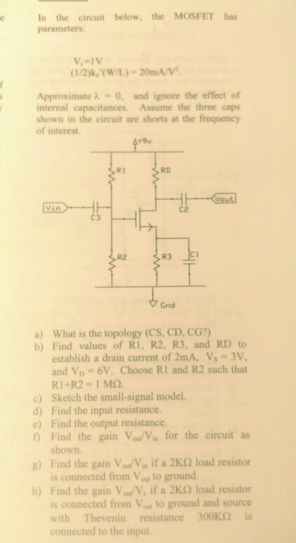 Solved In the circuit below, the MOSFET has parameters | Chegg.com