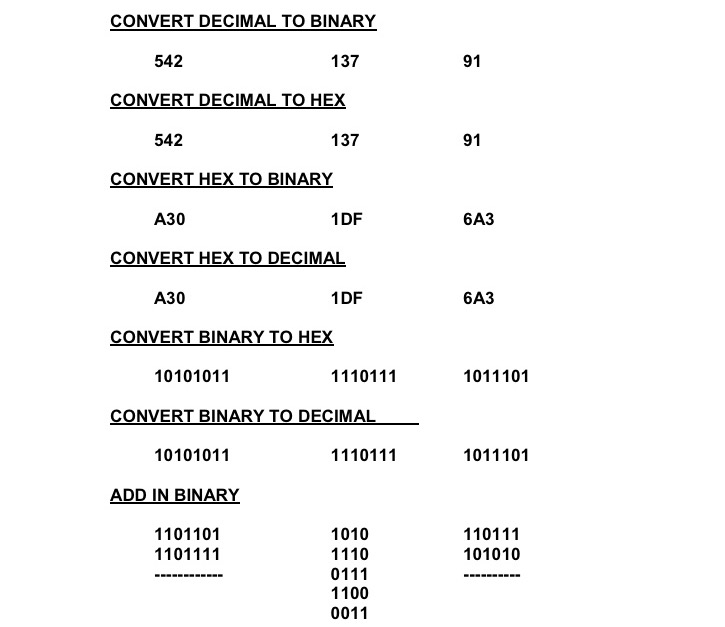Solved CONVERT DECIMAL TO BINARY 542 137 91 CONVERT DECIMAL | Chegg.com