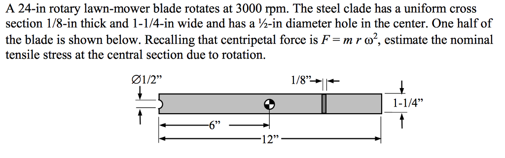 A 24-in rotary lawn-mower blade rotates at 3000 rpm. | Chegg.com
