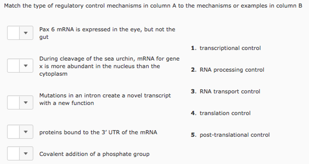 Solved Match the type of regulatory control mechanisms in | Chegg.com