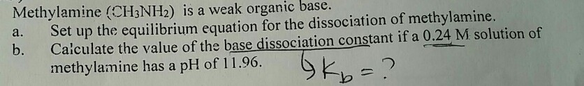 Solved Methylamine (CH3NH2) is a weak organic base. Set up | Chegg.com