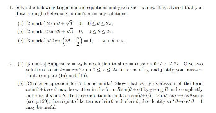 Solved 1. Solve the following trigonometric equations and | Chegg.com