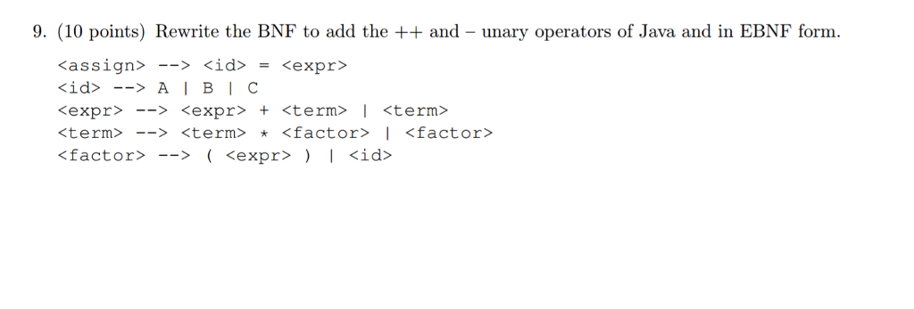 Solved Rewrite the BNF to add the ++ and - unary operators | Chegg.com