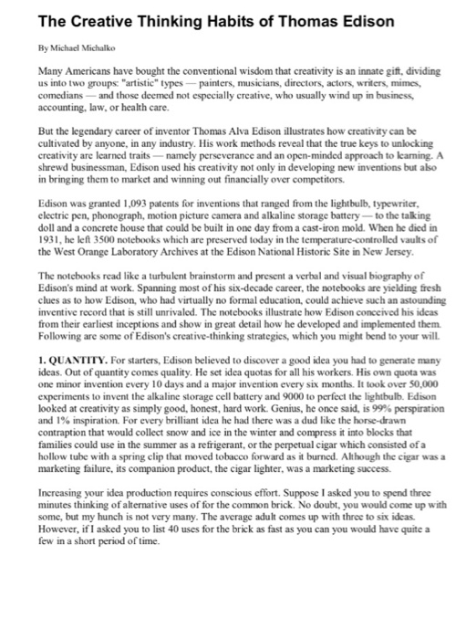 The Creative Thinking Habits of Thomas Edison By | Chegg.com