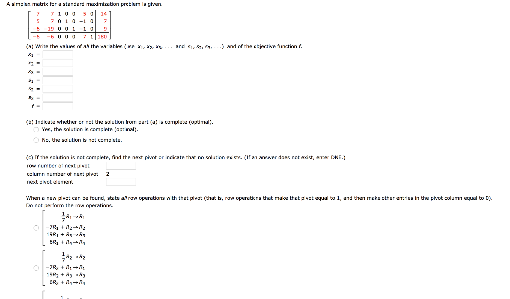 Solved A simplex matrix for a standard maximization problem | Chegg.com
