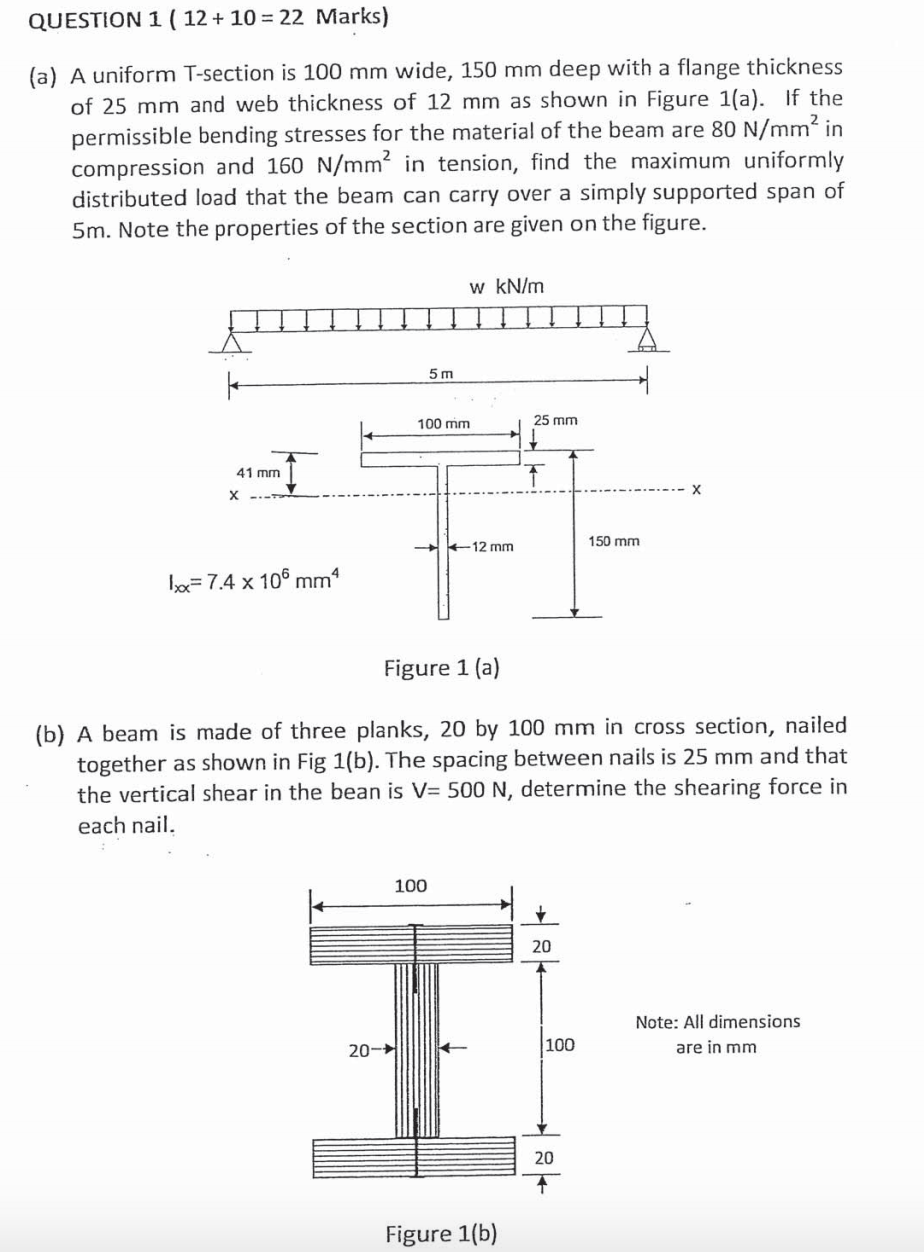 Solved A uniform T-section is 100 mm wide, 150 mm deep with | Chegg.com