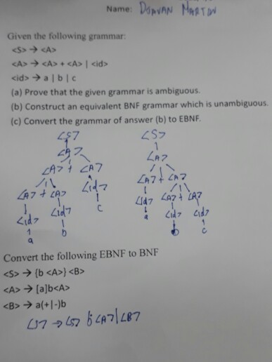 Solved Name: Given the following grammar (a) Prove that the | Chegg.com