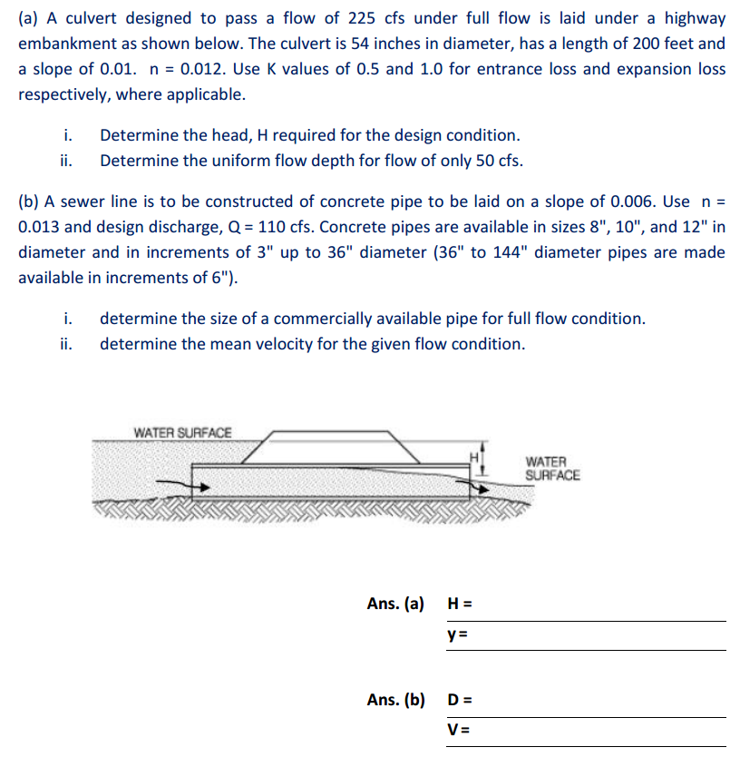 Solved (a) A culvert designed to pass a flow of 225 cfs | Chegg.com