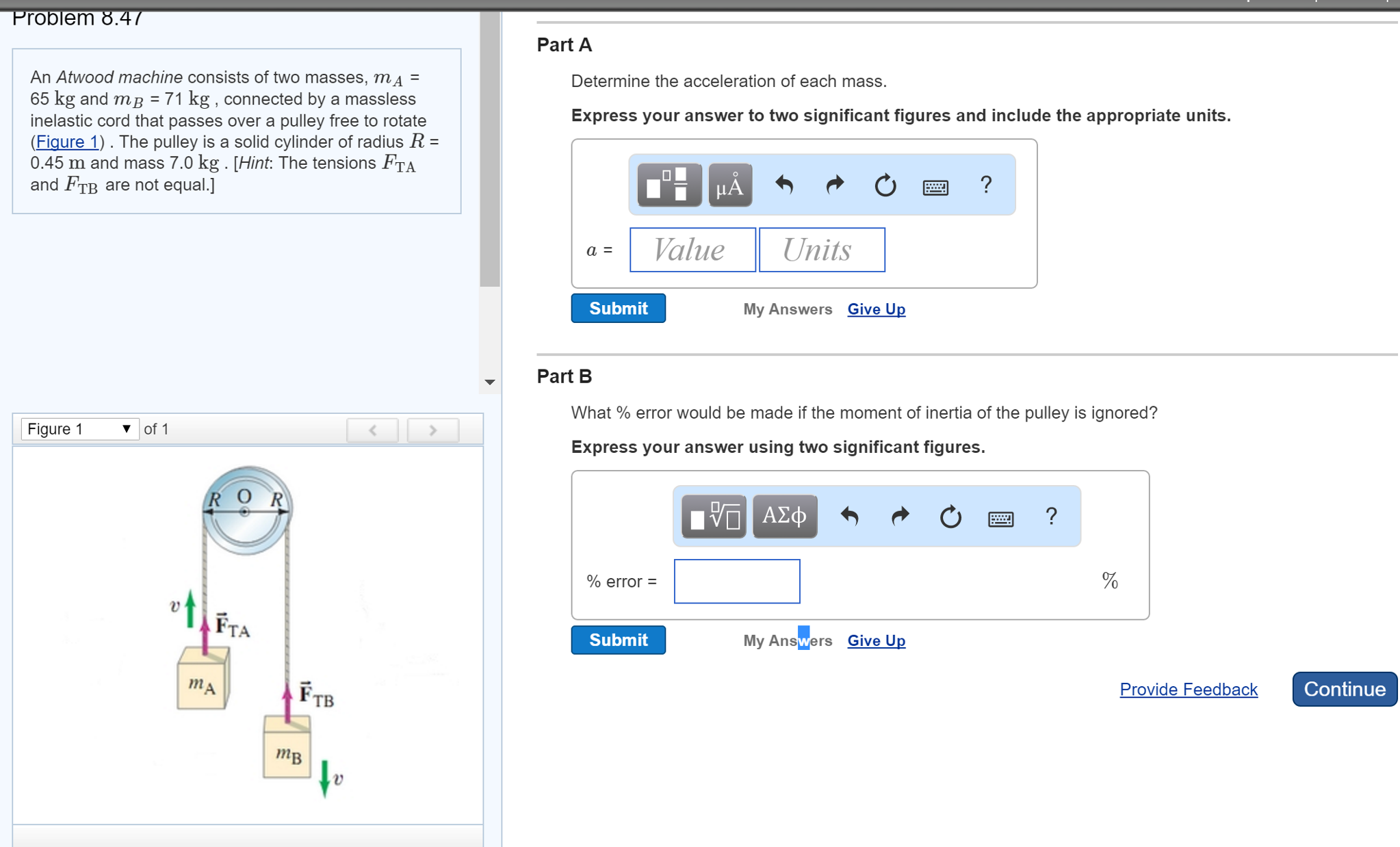 Solved An Atwood machine consists of two masses, mA = 65 kg | Chegg.com