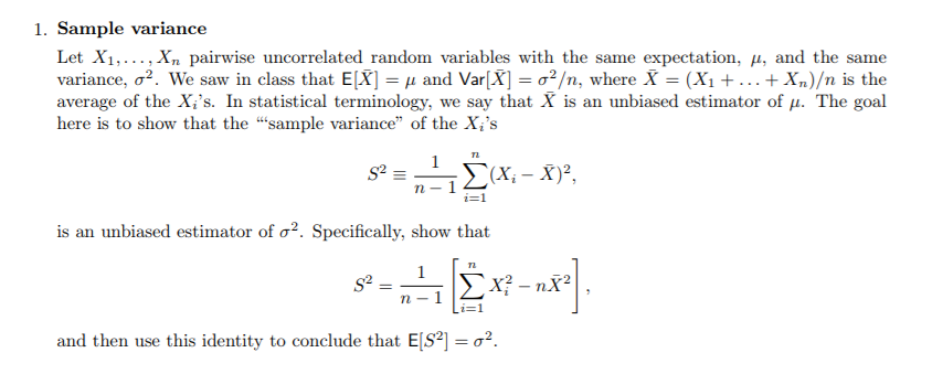 Solved 1. Sample variance Let Xi, .. , xn païrwise | Chegg.com
