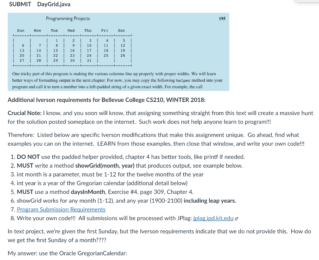 Solved SUBMIT DayGrid.java Programming Projects 195 Sun Mon | Chegg.com