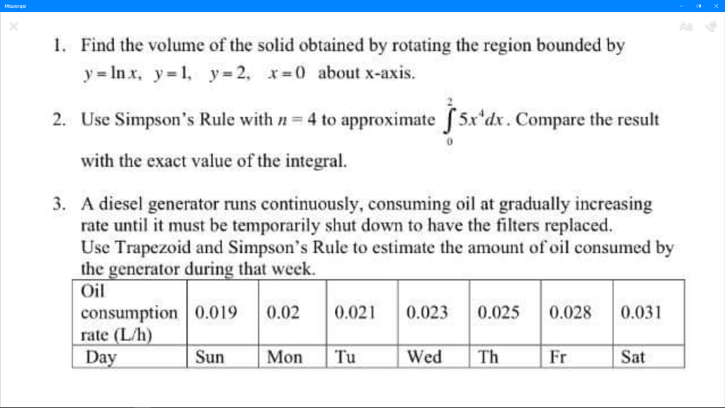 Solved 1 Find The Volume Of The Solid Obtained By Rotating