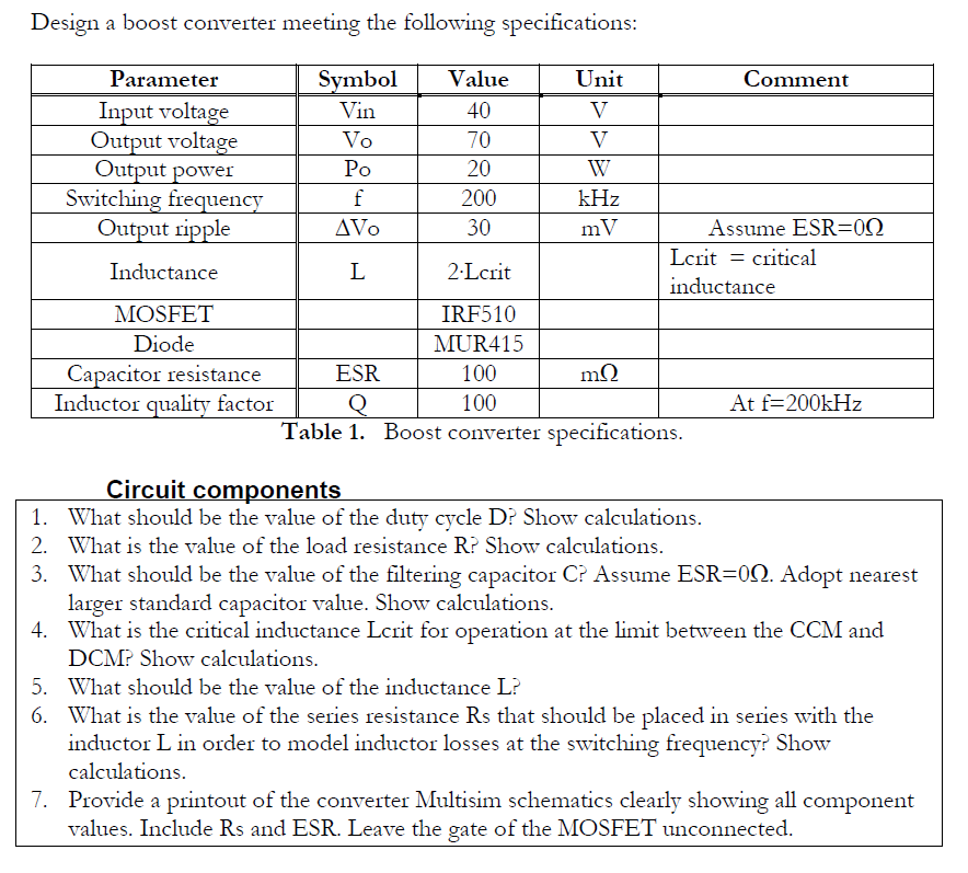 Solved Design a boost converter meeting the following | Chegg.com