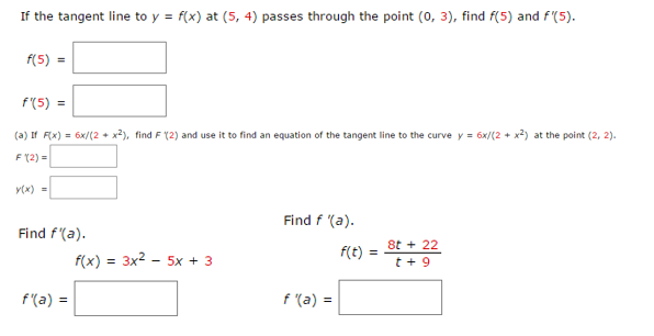 Solved If the tangent line to y = f(x) at (5, 4) passes | Chegg.com