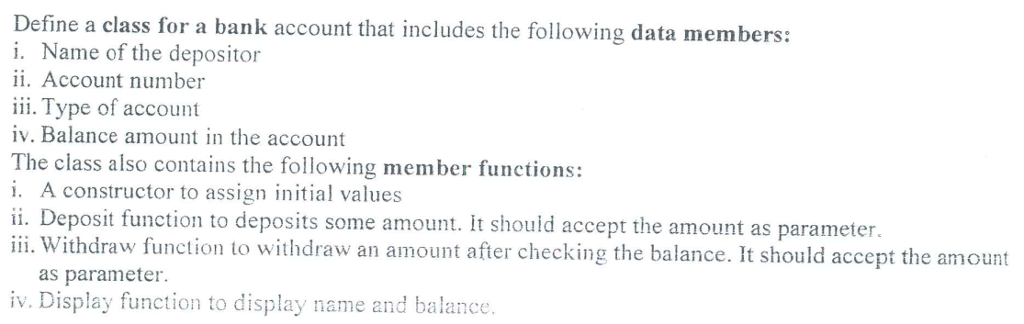 Solved Define a class for a bank account that includes the | Chegg.com