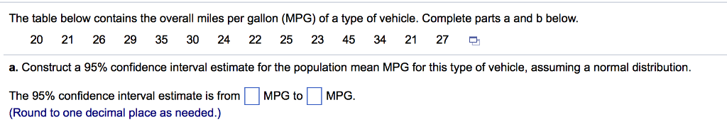 Solved The table below contains the overall miles per gallon | Chegg.com
