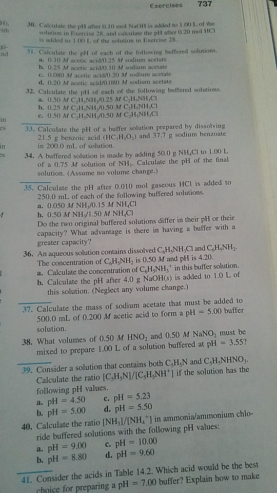 Solved Exercises 737 I) 30. Calculate the pH after 0.10 mol | Chegg.com