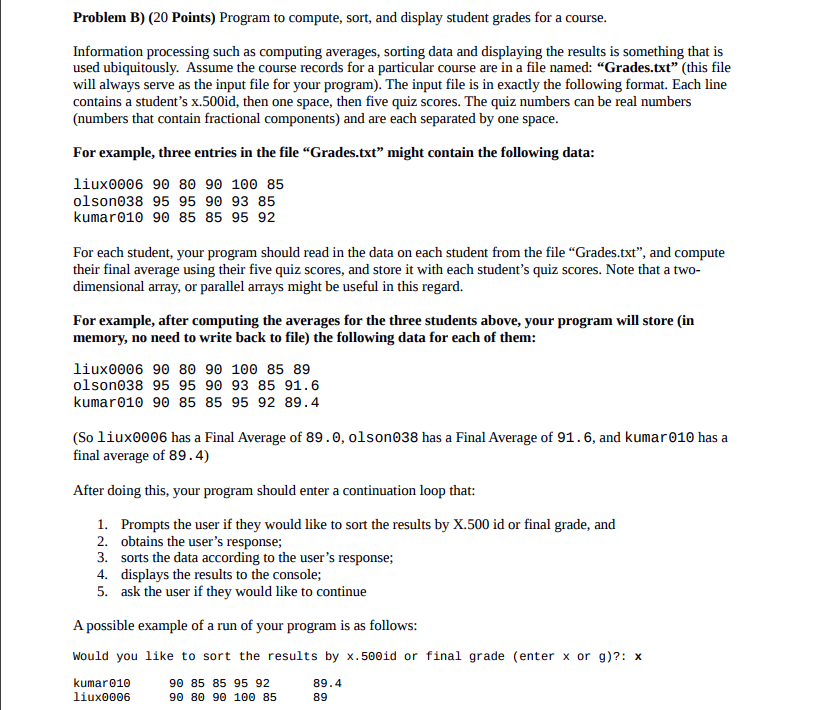 Solved C Problem Program To Compute Sort And Display