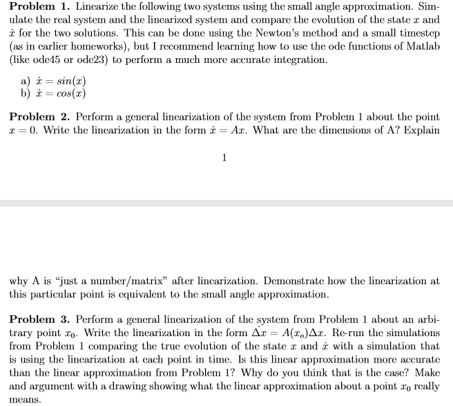 Problem 1. Linearize the following two systems using | Chegg.com