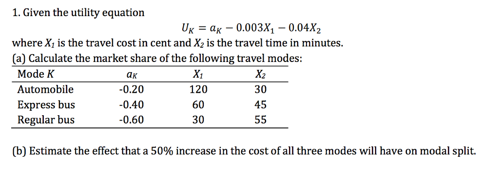 Given the utility equation U_K = a_ K - 0.003X_1 - | Chegg.com