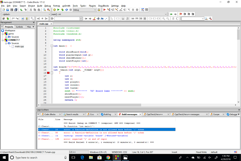 Solved ? main.cpp [CONNECT7]-CodezBlocks 17.12 Eile Edit | Chegg.com