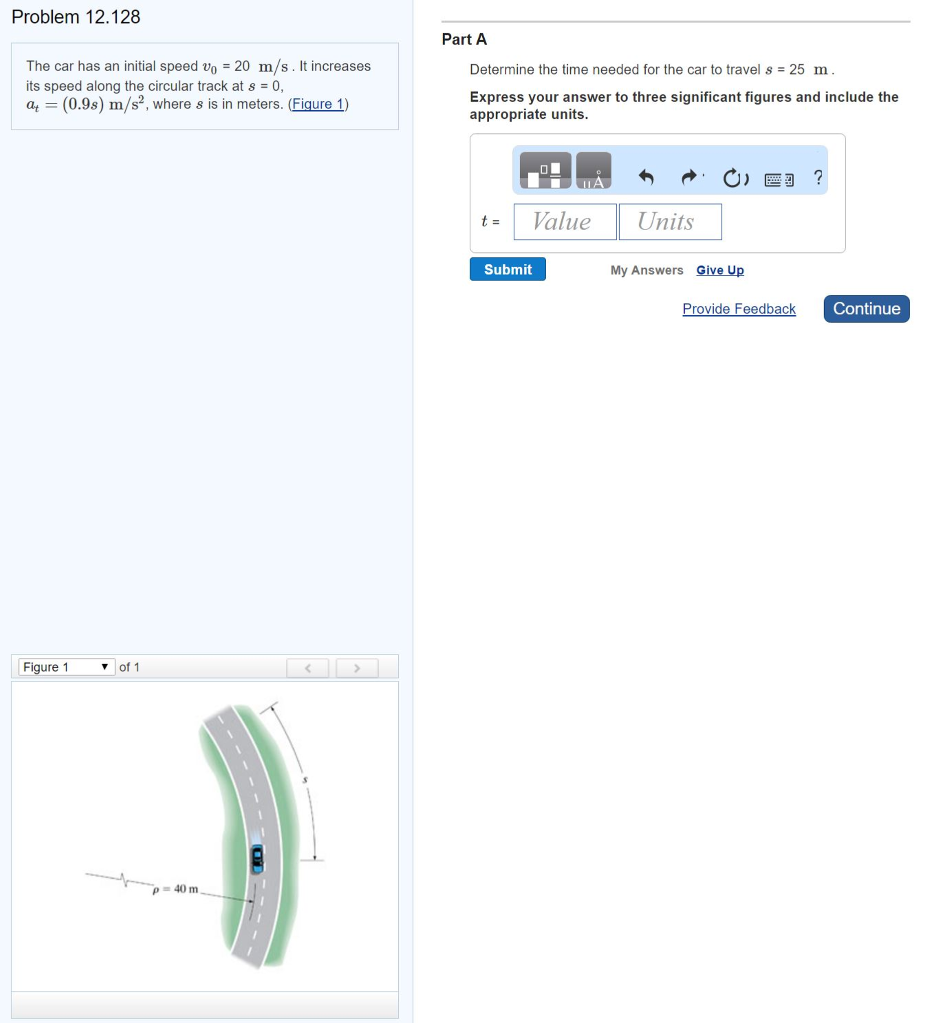 Solved Problem 12.128 The car has an initial speed v0 = 20 | Chegg.com