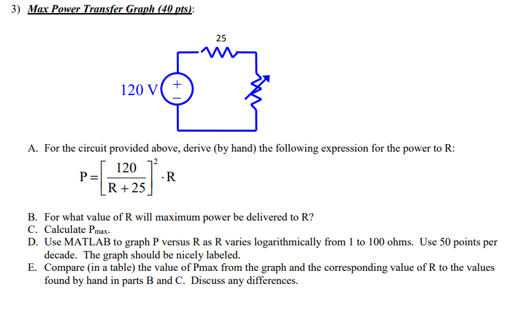 Solved Max Power Transfer Graph A. For the circuit provided | Chegg.com