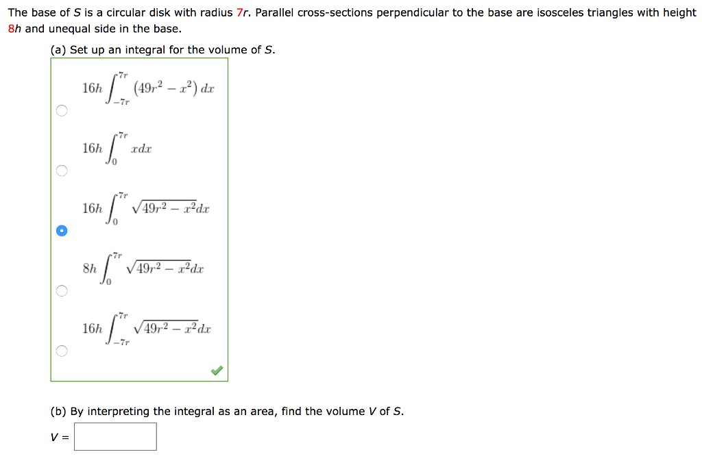 Solved The base of S is a circular disk with radius 7r. | Chegg.com