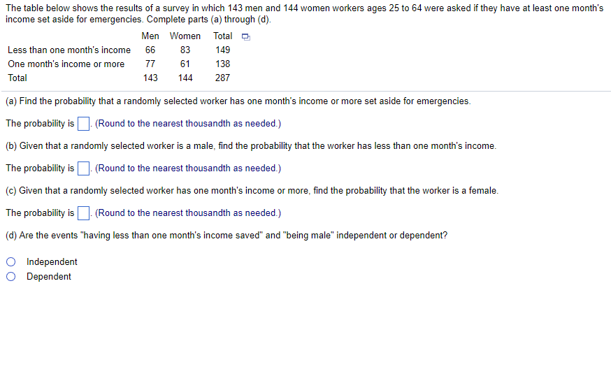 Solved The table below shows the results of a survey in | Chegg.com