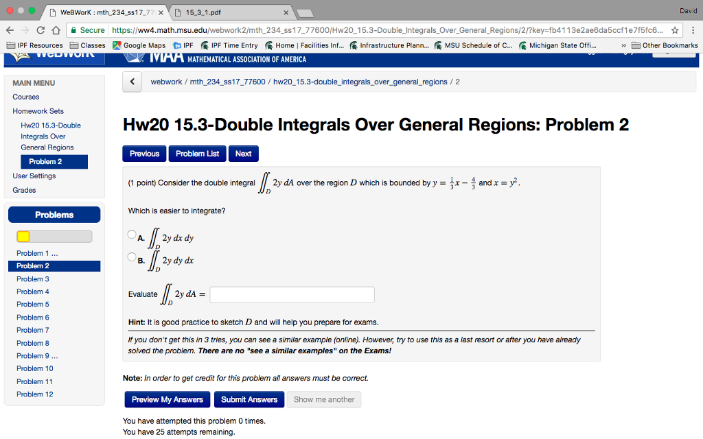 Solved Consider the double intergal integral integral_D 2y | Chegg.com
