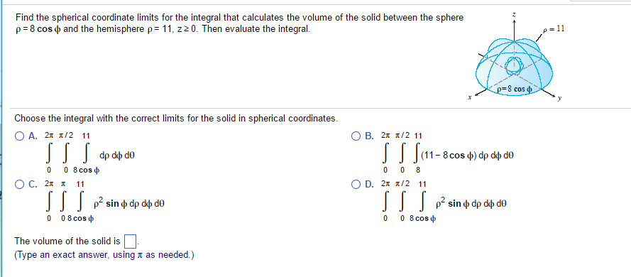Solved Find the spherical coordinate limits for the integral | Chegg.com