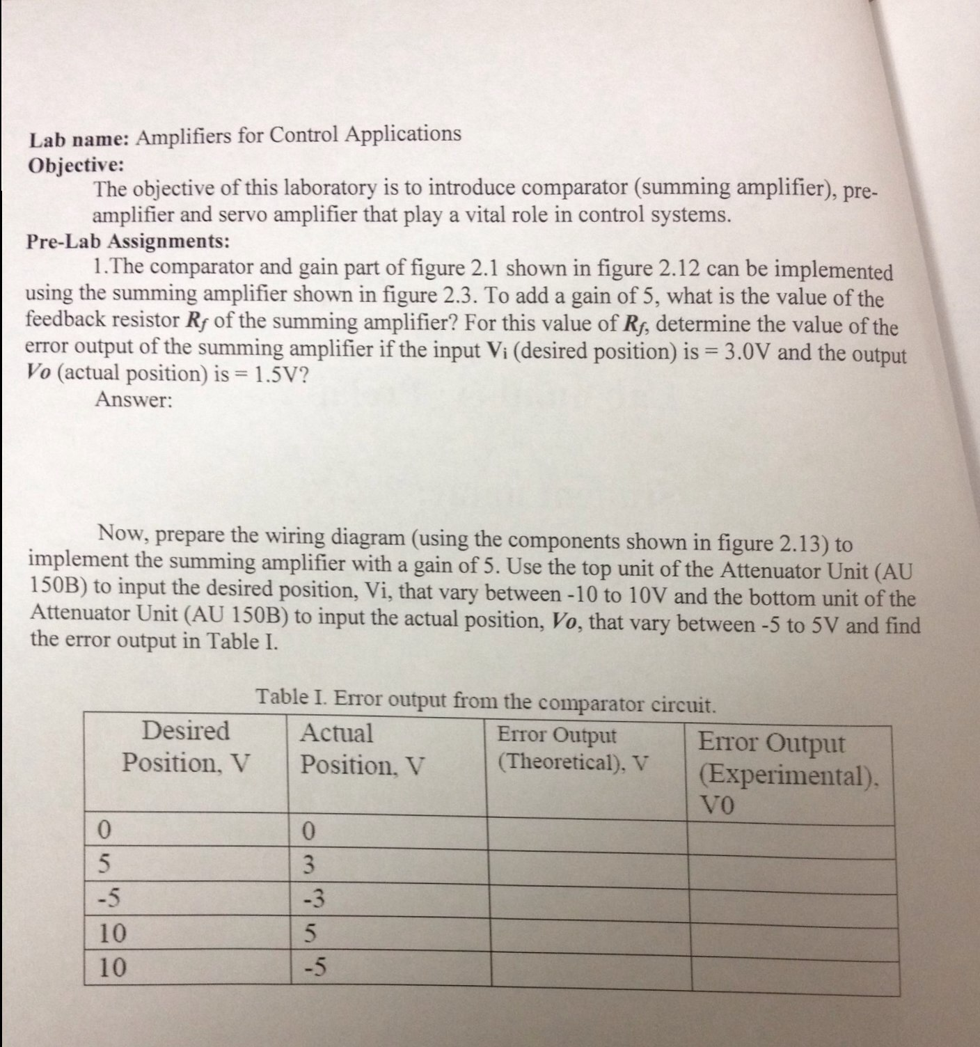 Solved Lab name: Amplifiers for Control Applications | Chegg.com