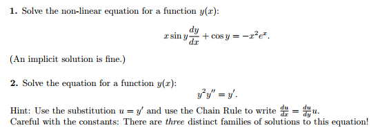 Solved Solve the non-linear equation for a function y(x): | Chegg.com