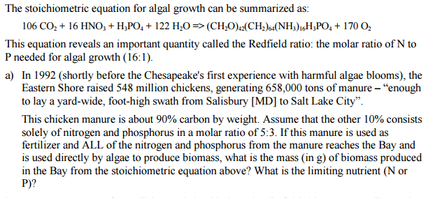 The stoichiometric equation for algal growth can be | Chegg.com