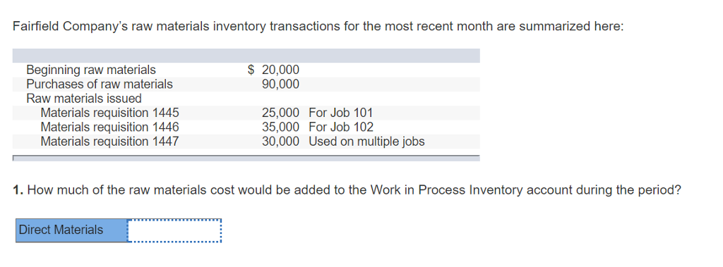 Solved Fairfield Company’s raw materials inventory | Chegg.com