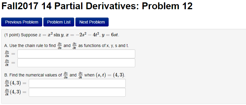 Solved Fal12017 14 Partial Derivatives: Problem 12 Previous | Chegg.com