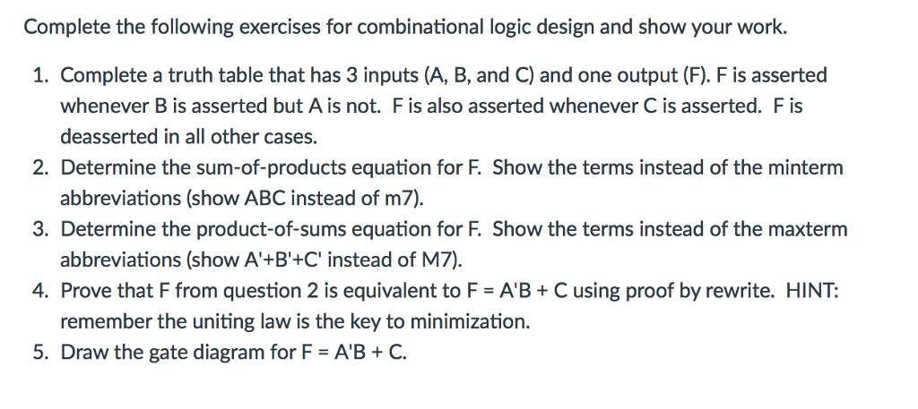 Solved Complete the following exercises for combinational | Chegg.com