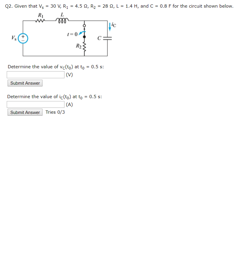 Solved Q2. Given that V,-30 V, R1-4.5 ?, R2-28 ?, L 1.4 H, | Chegg.com