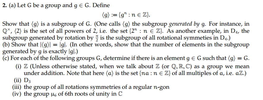 Solved: Let G Be A Group And G G, Define (g): = {g^n: N Z}... | Chegg.com
