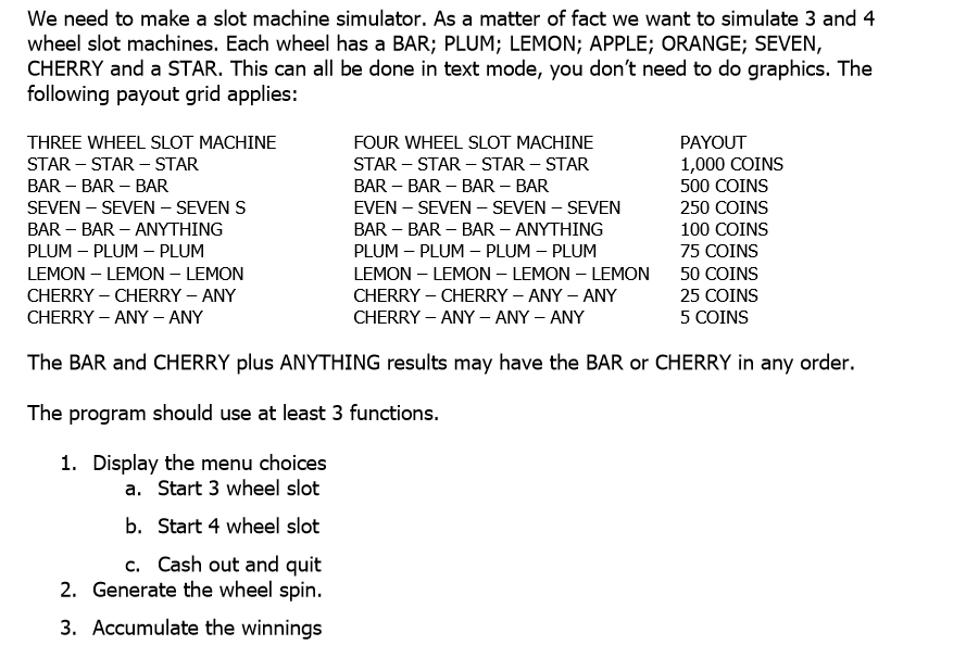 Solved We need to make a slot machine simulator. As a matter | Chegg.com