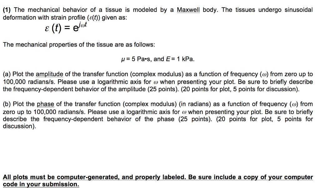 (1) The mechanical behavior of a tissue is modeled by | Chegg.com