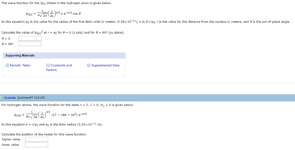 Solved The wave function for the 2p orbital in the hydrogen | Chegg.com