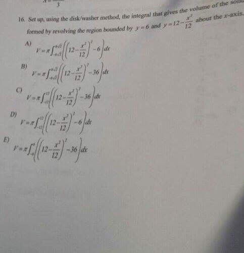 Solved Set up, using the disk/washer method, the integral | Chegg.com