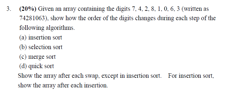 Solved Given an array containing the digits 7, 4, 2, 8, 1, | Chegg.com