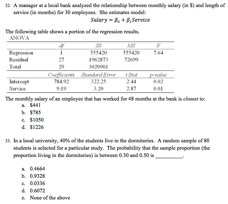 Solved 32. A manager at a local bank analyzed the | Chegg.com