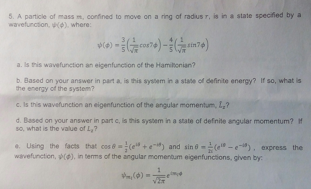 Solved A particle of mass m, confined to move on a ring of | Chegg.com
